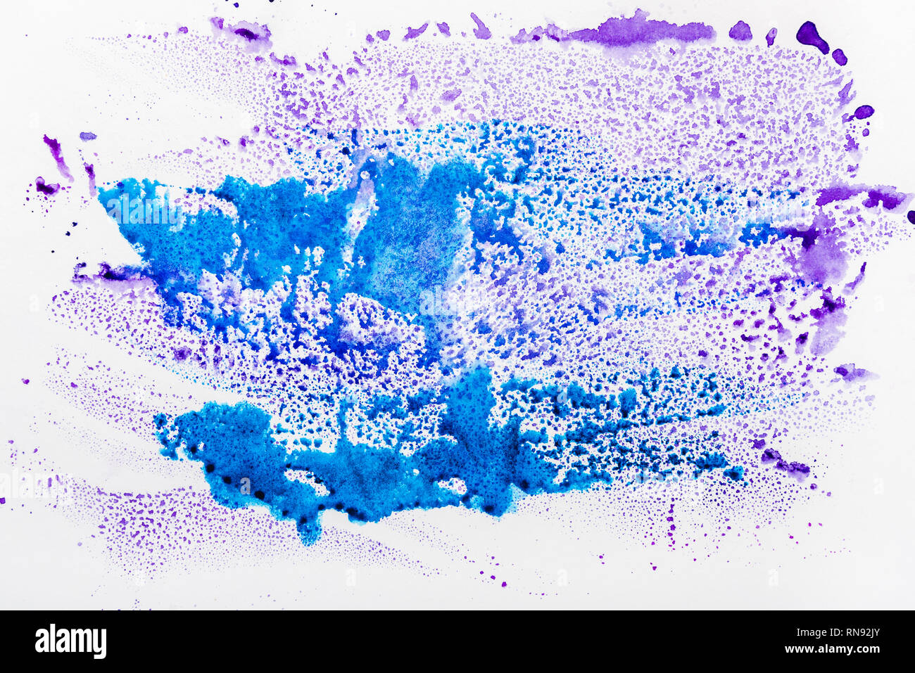 top view of blue and purple watercolor spills on white background Stock ...