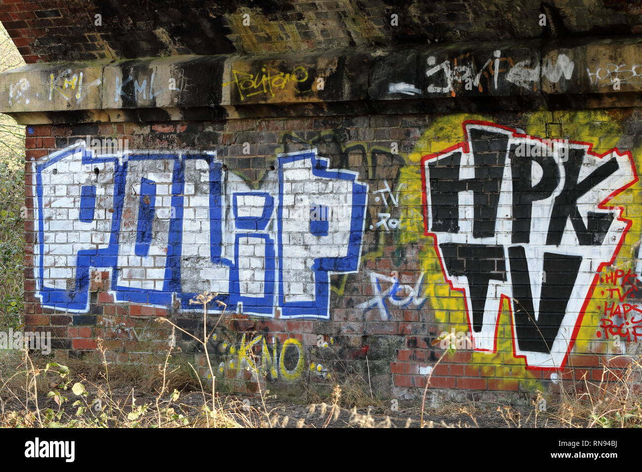 Graffitti on the brickwork of the arches of Manton (Worksop) viaduct ...