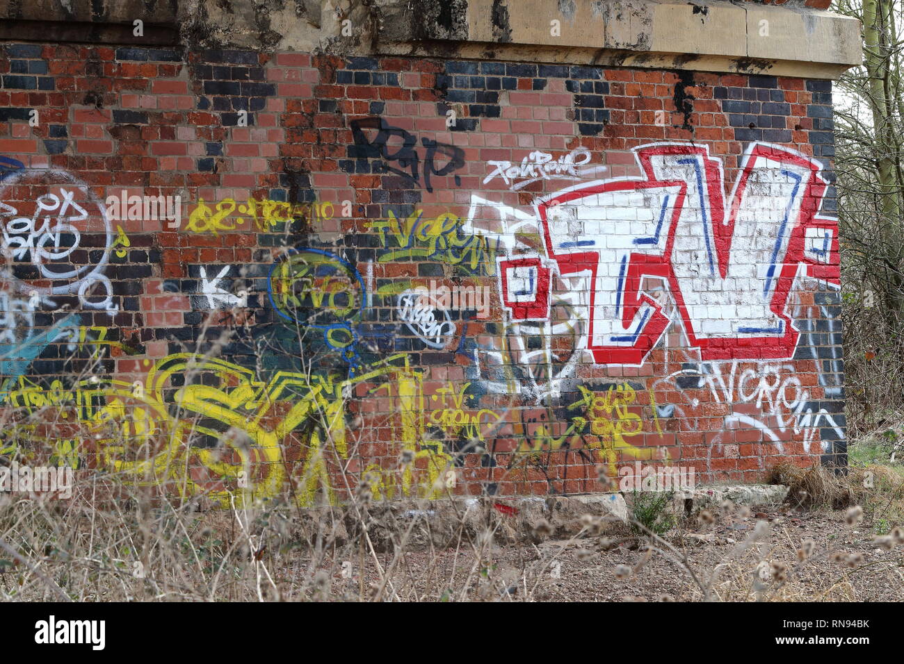 Graffitti on the brickwork of the arches of Manton (Worksop) viaduct ...