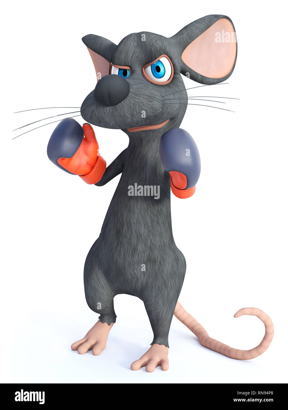 3D rendering of a cute cartoon mouse wearing boxing gloves. He looks ...