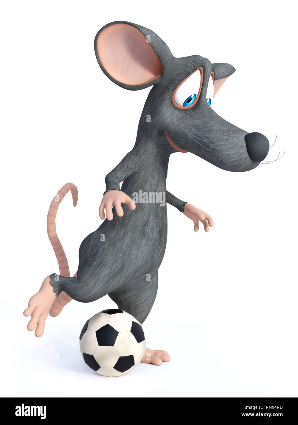 3D rendering of a cute smiling cartoon mouse kicking a soccer ball ...