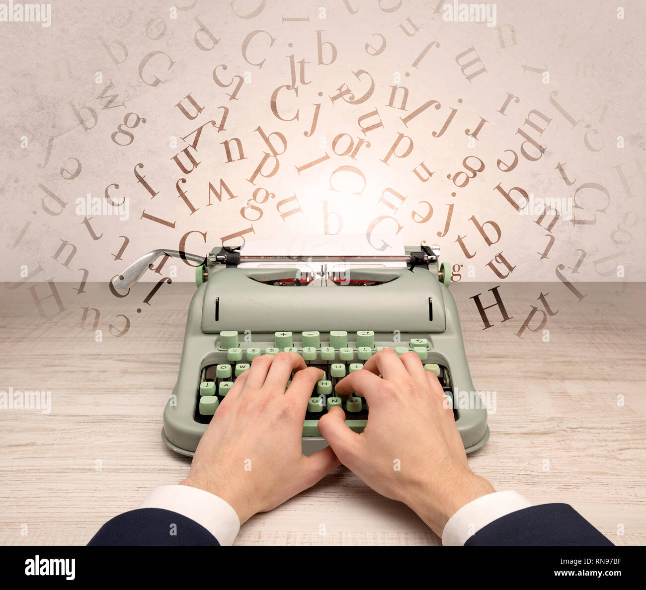 First person perspective elegant hand writing on typewriter with flying ...
