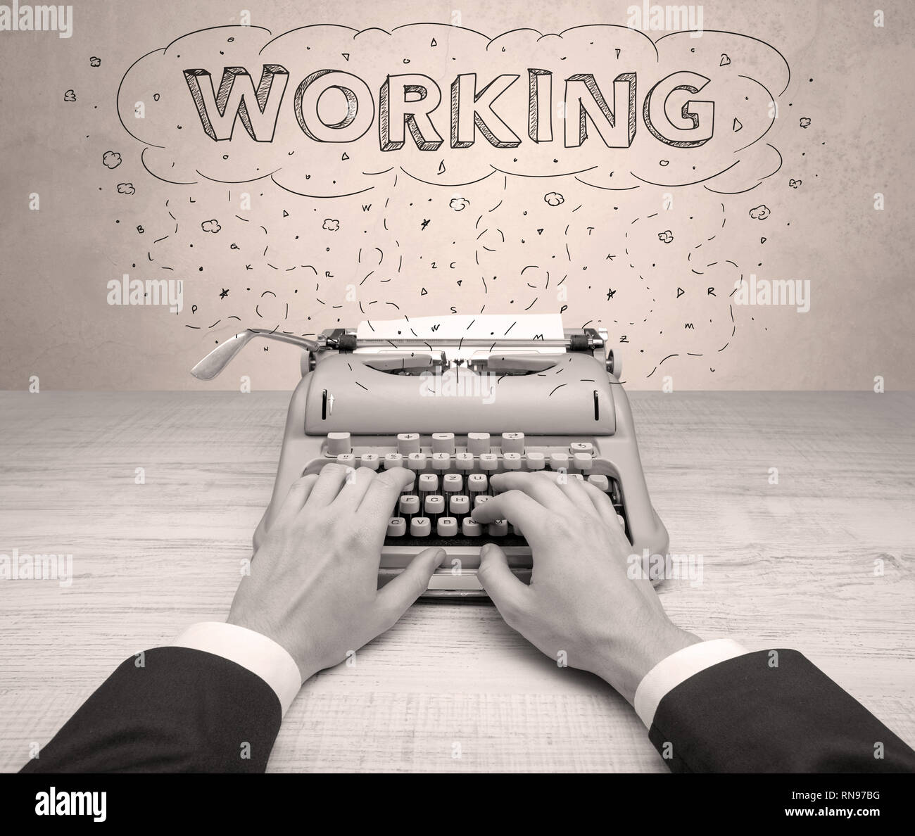 First person perspective hand writing on typewriter with cloud message ...