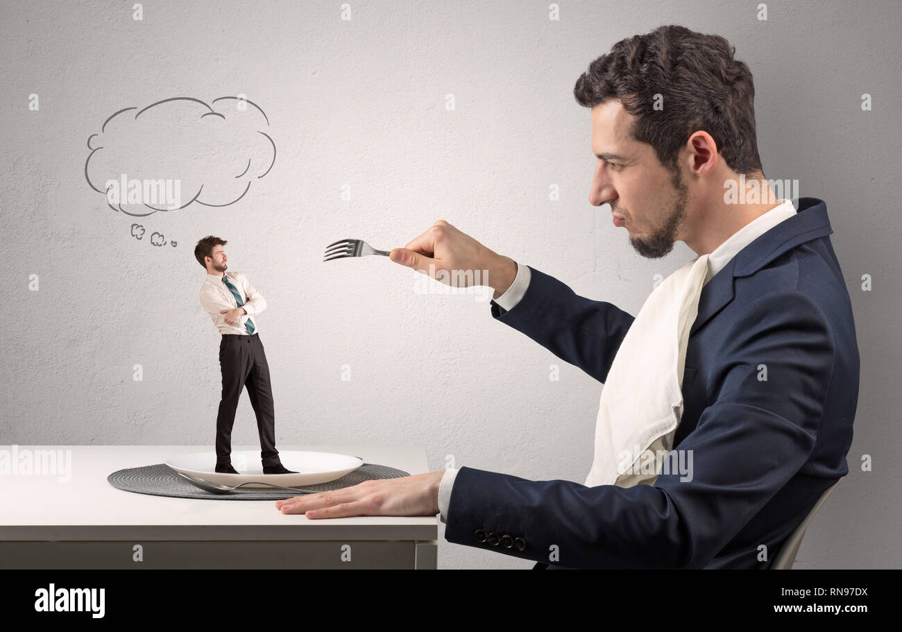 Big businessman want to eat small man with cloud messages above his ...