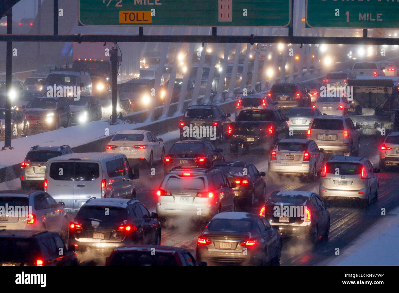 Rush hour traffic in a snow storm over the Zakim Bridge, I-93, Boston ...