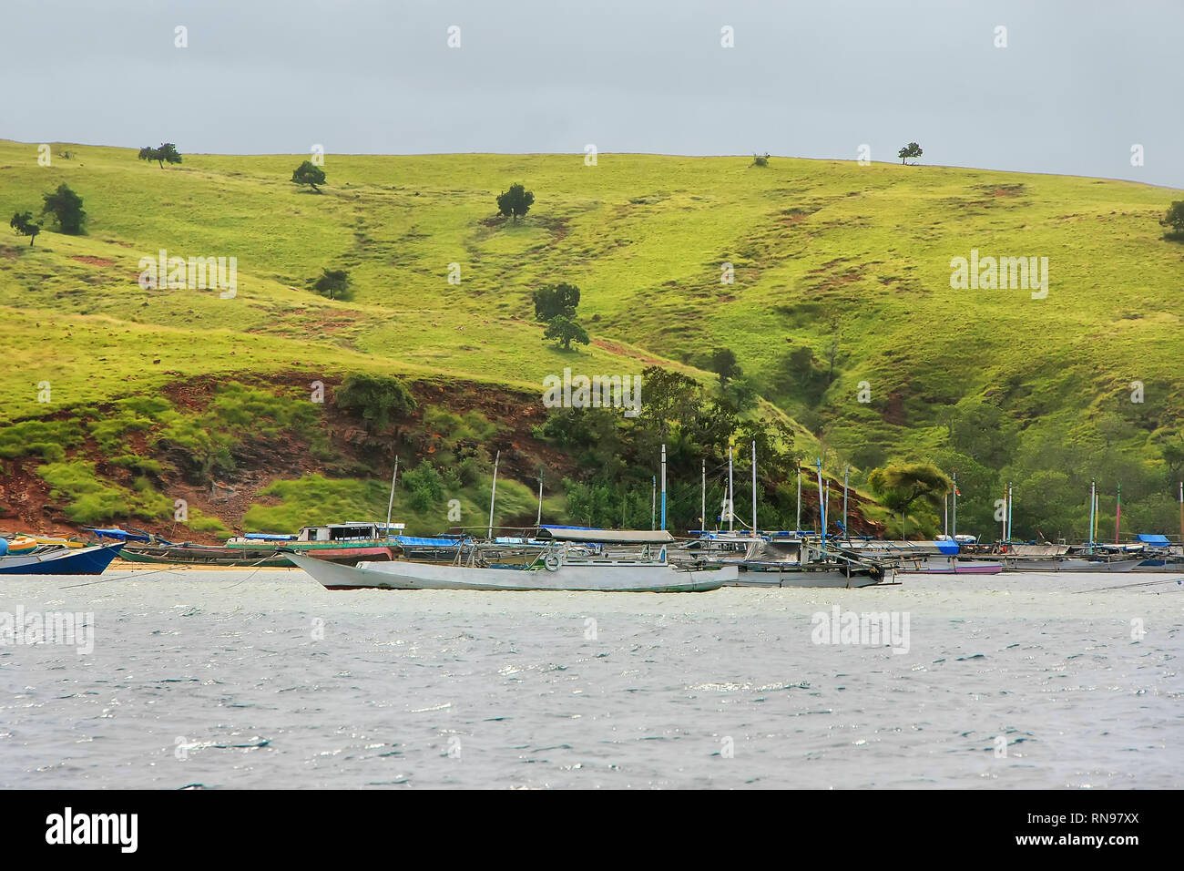 Traditional fishing boats anchored by the island in Komodo National ...