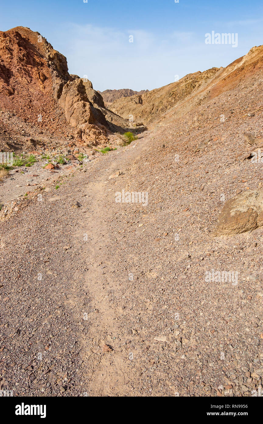 The route or walking path, track through the yellow red rocky ...
