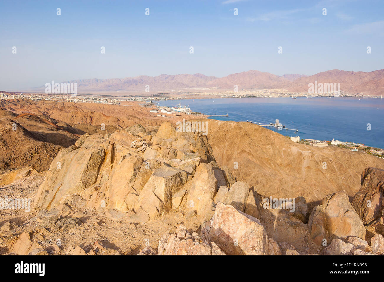 Amazing panoramic view on Eilat cityscape, Red Sea and Jordan from the ...