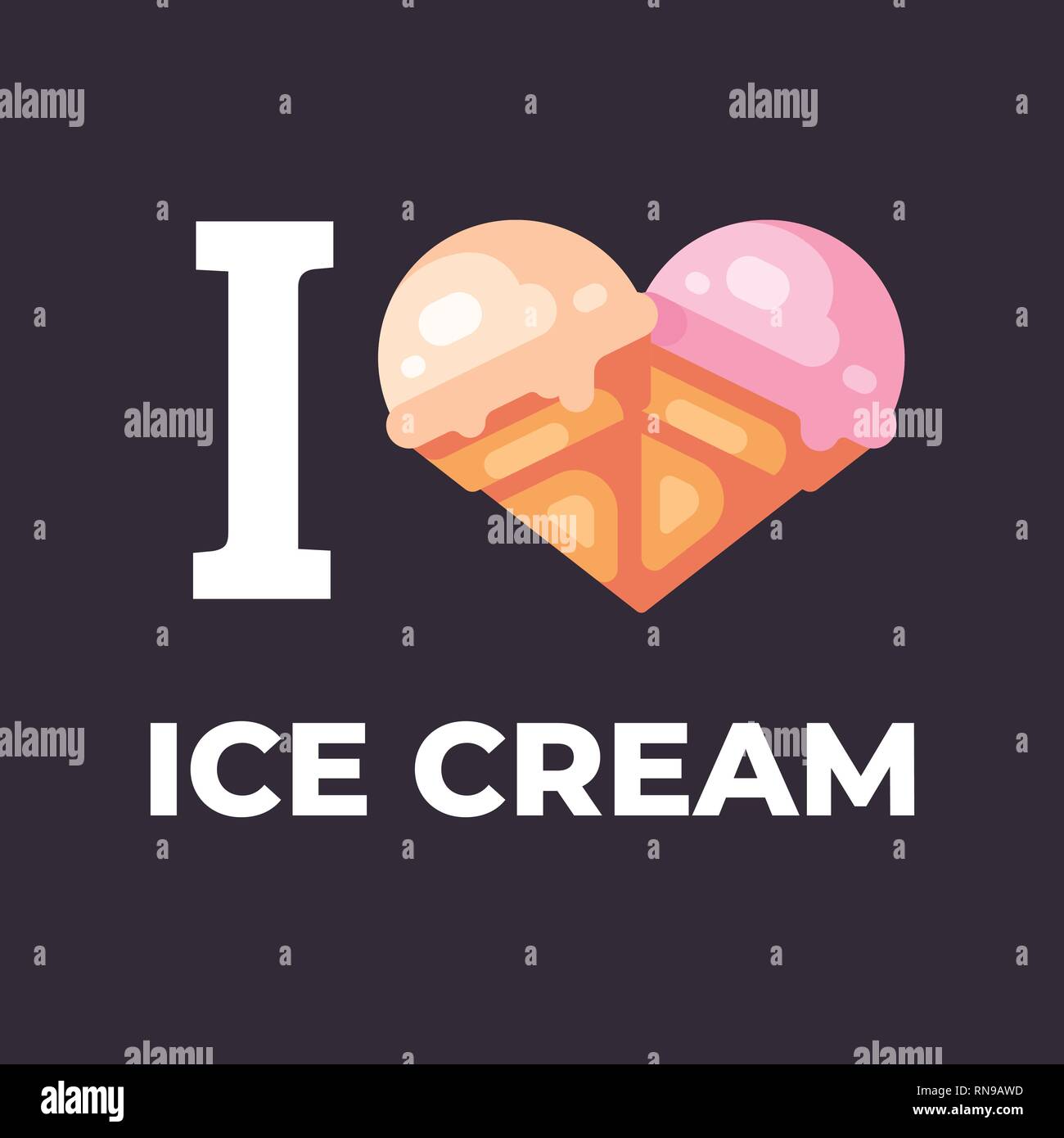 I love ice cream flat illustration. Two ice cream cones in the shape of ...