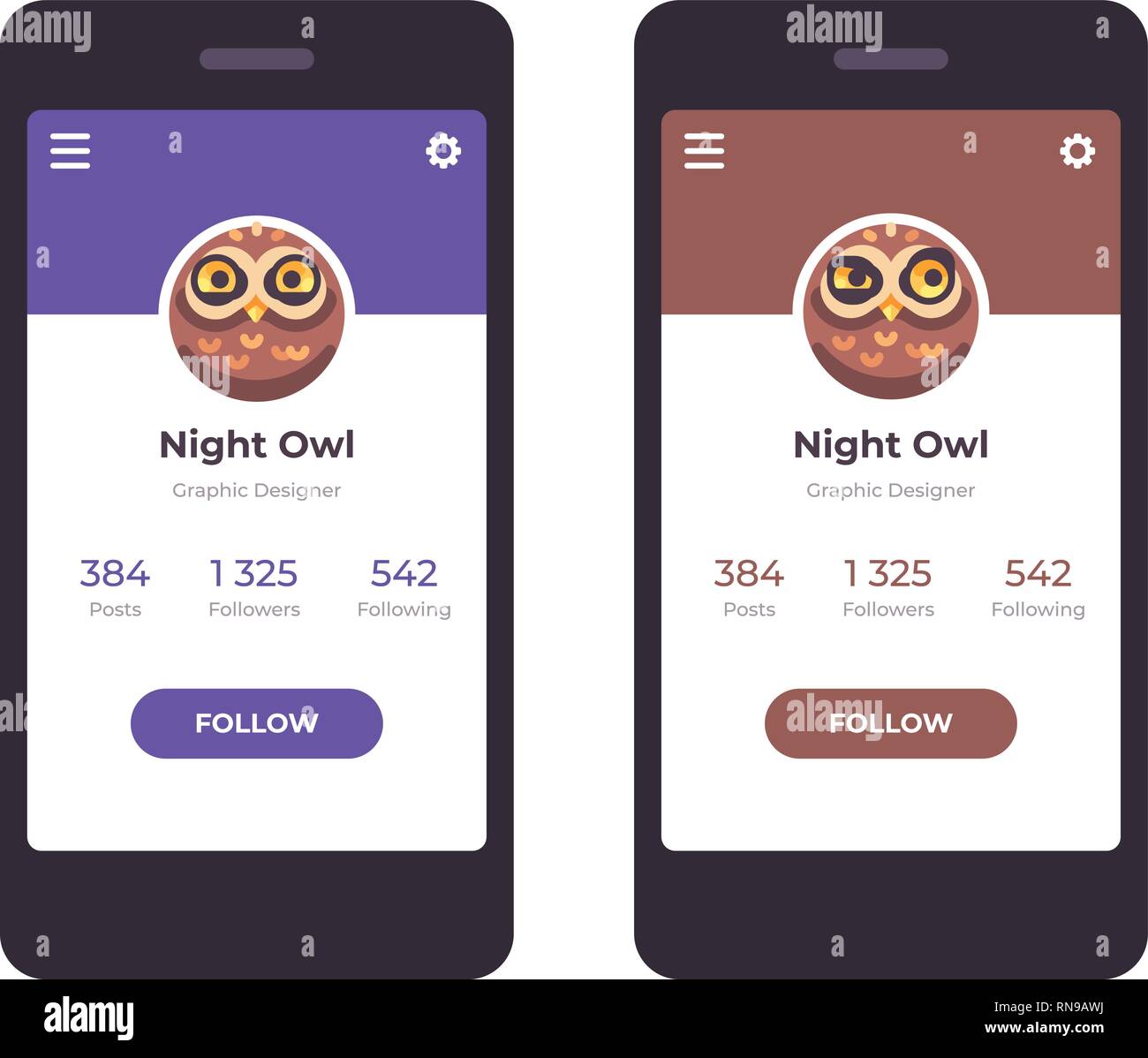 Mobile app interface concept. User profile with an owl avatar Stock ...