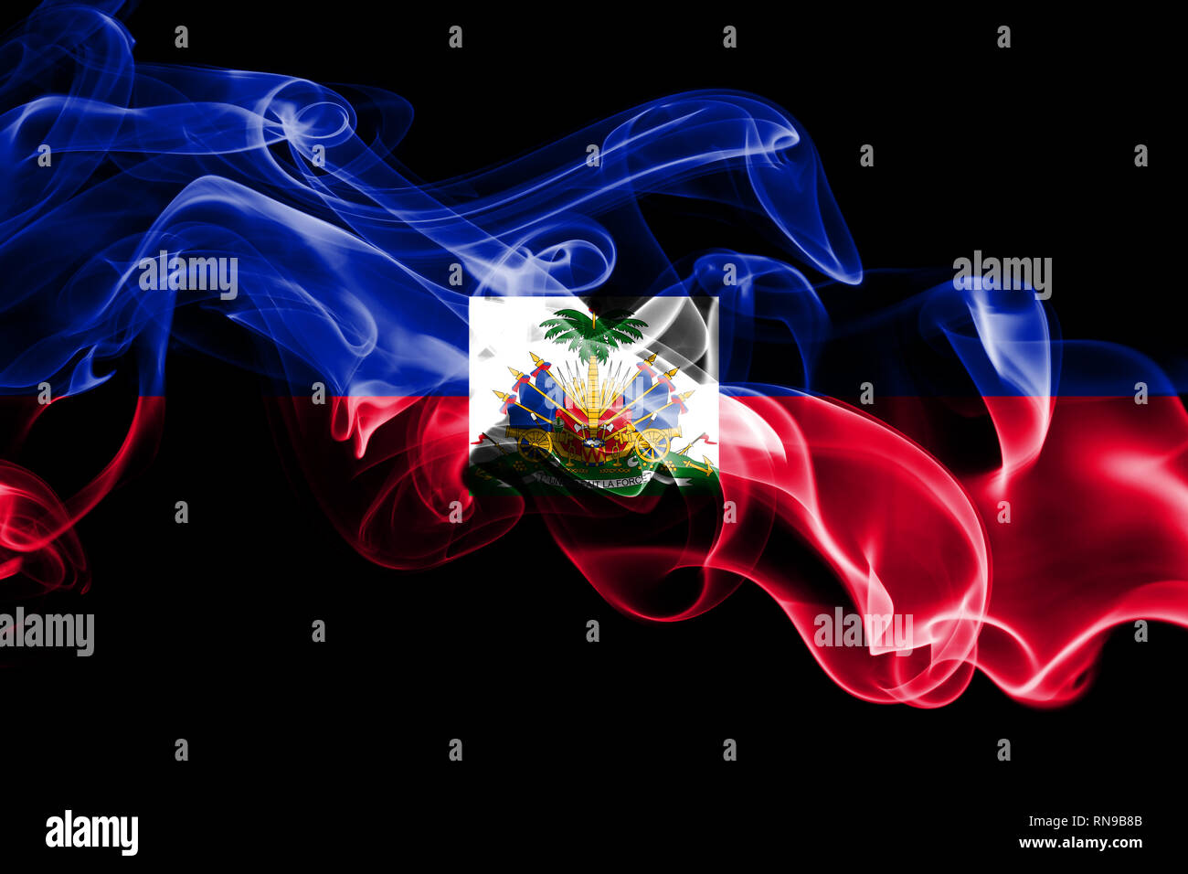 National flag of Haiti made from colored smoke isolated on black ...