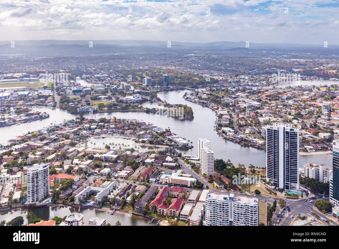 Birds eye view of Gold Coast suburbs and Nerang River in Queensland ...