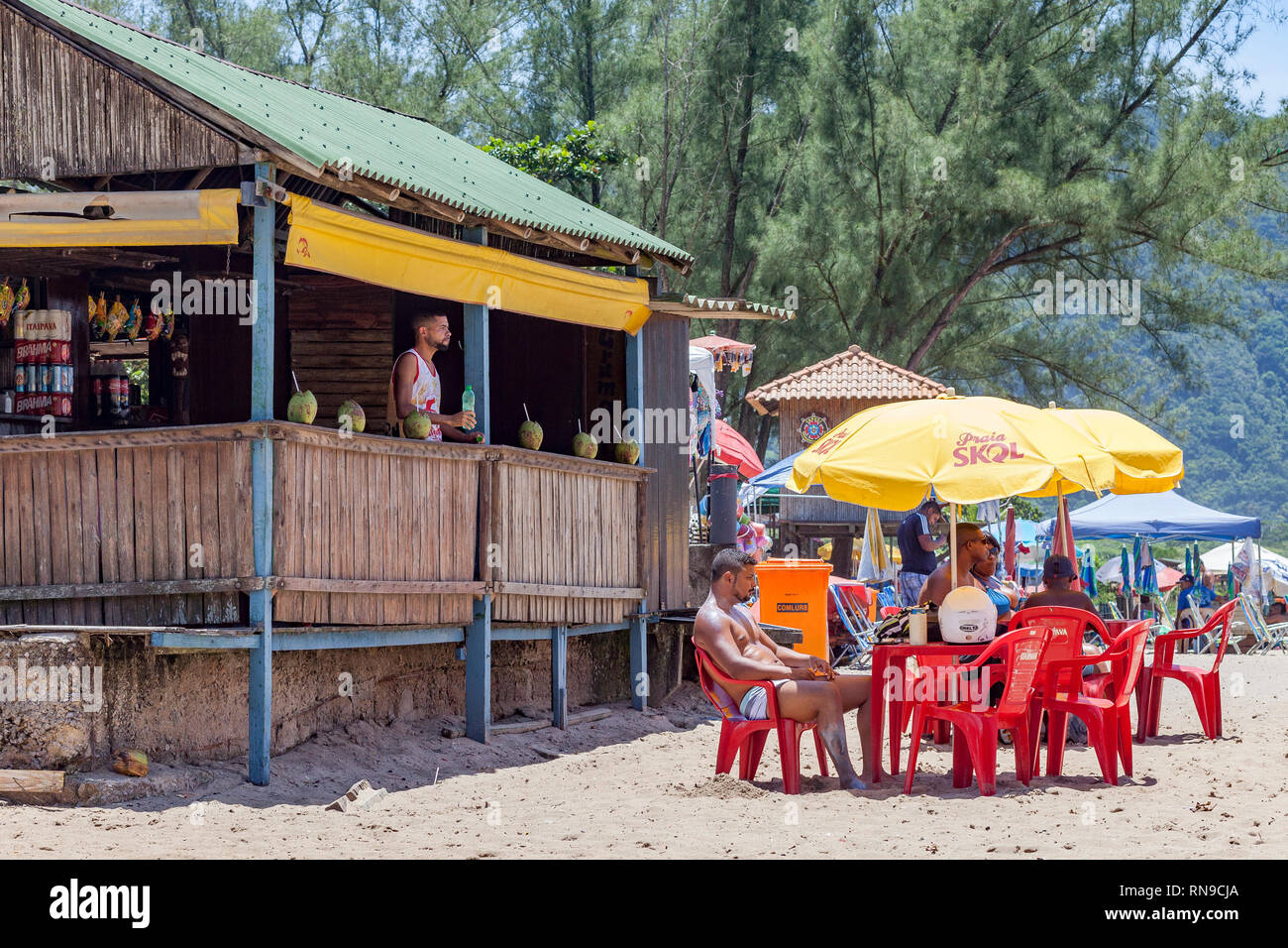 Vending shack on the beach on a hot summer day outside of the city Rio ...