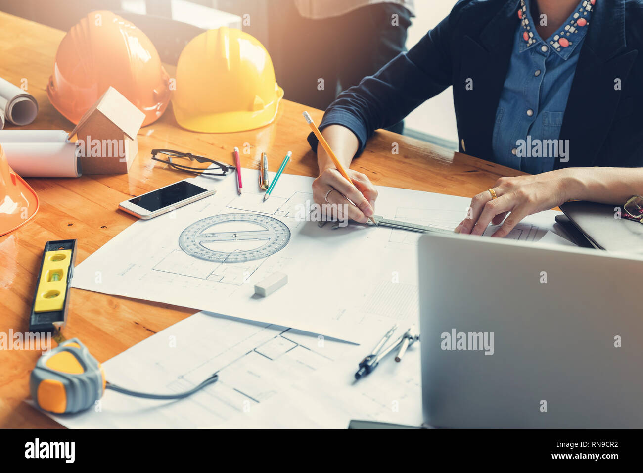 Engineer and Architect concept, Engineer Architects office team working ...