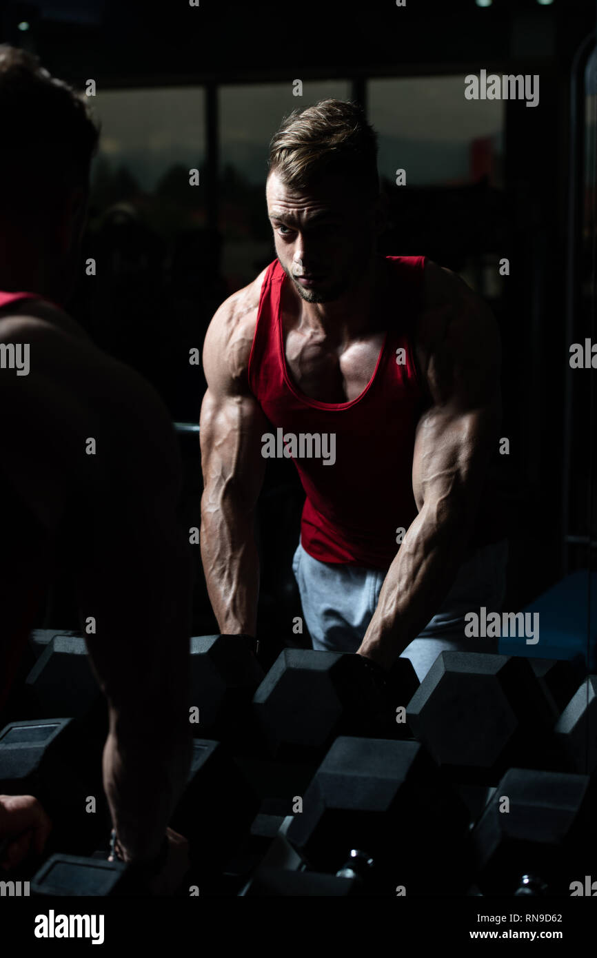 Man Working Out Biceps In A Gym - Dumbbell Concentration Curls Stock ...