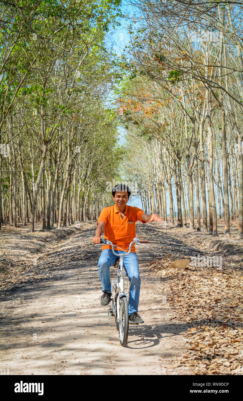 Asian man biking on trail of the rubber forest in summer day Stock ...