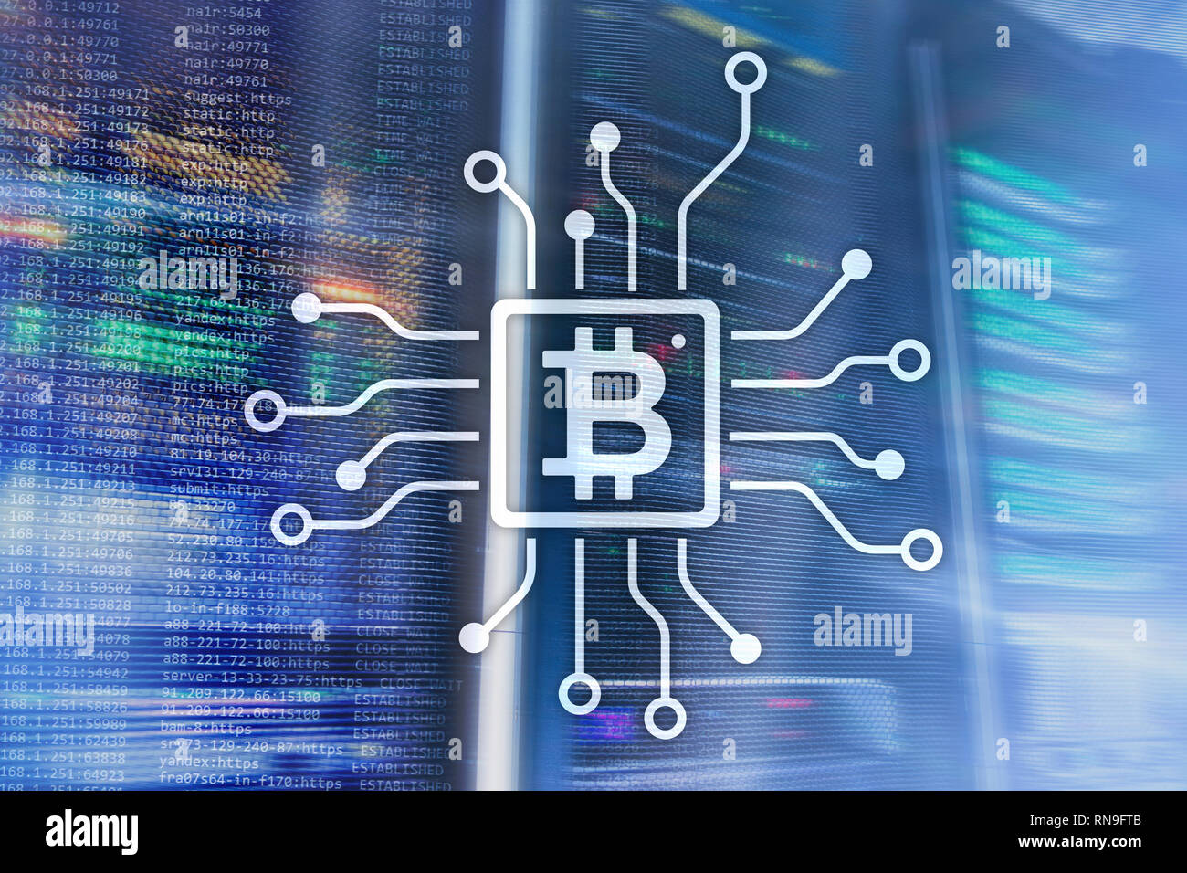 Bitcoin, Blockchain concept on server room background Stock Photo - Alamy