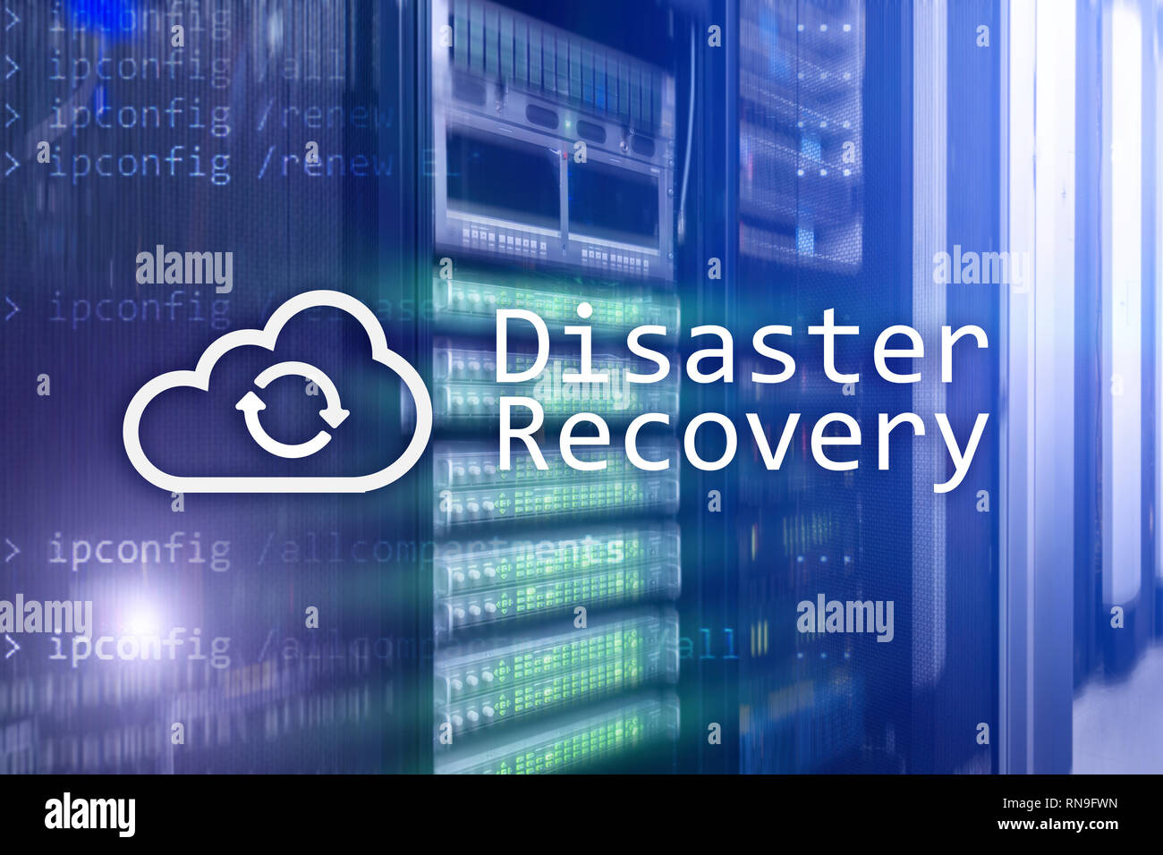 DIsaster recovery. Data loss prevention. Server room on background ...