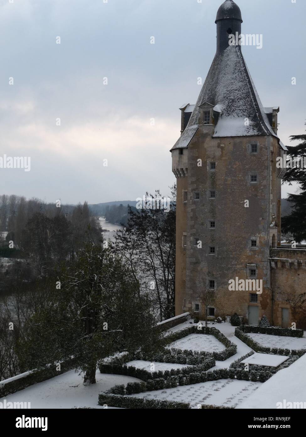 Snowy winter scenes of Chateau de Touffou, Bonnes, France Stock Photo ...
