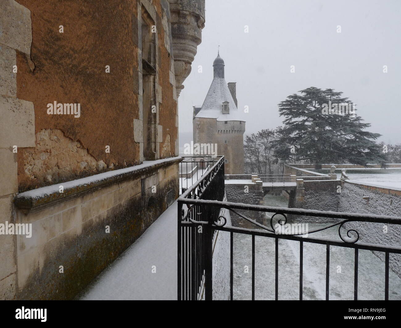 Snowy winter scenes of Chateau de Touffou, Bonnes, France Stock Photo ...