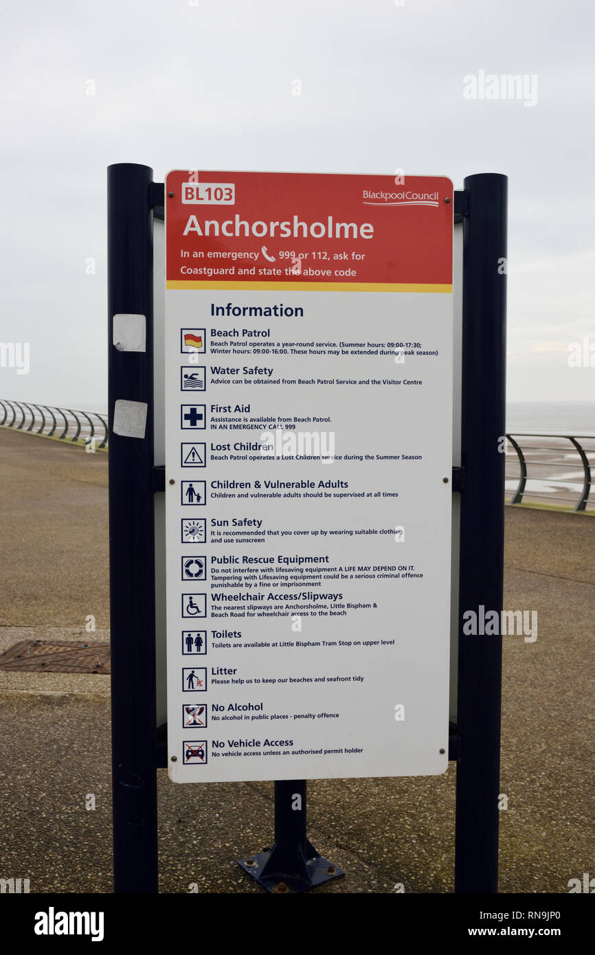 Anchorsholme beach information sign mounted on promenade in Blackpool ...