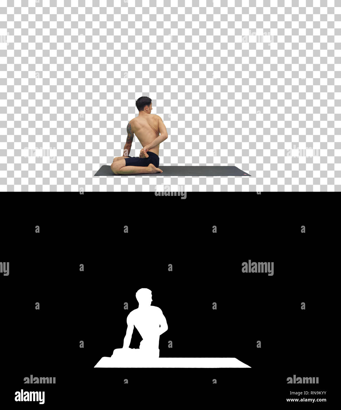 A young strong man doing yoga exercises stretches padmasana legs, Alpha ...