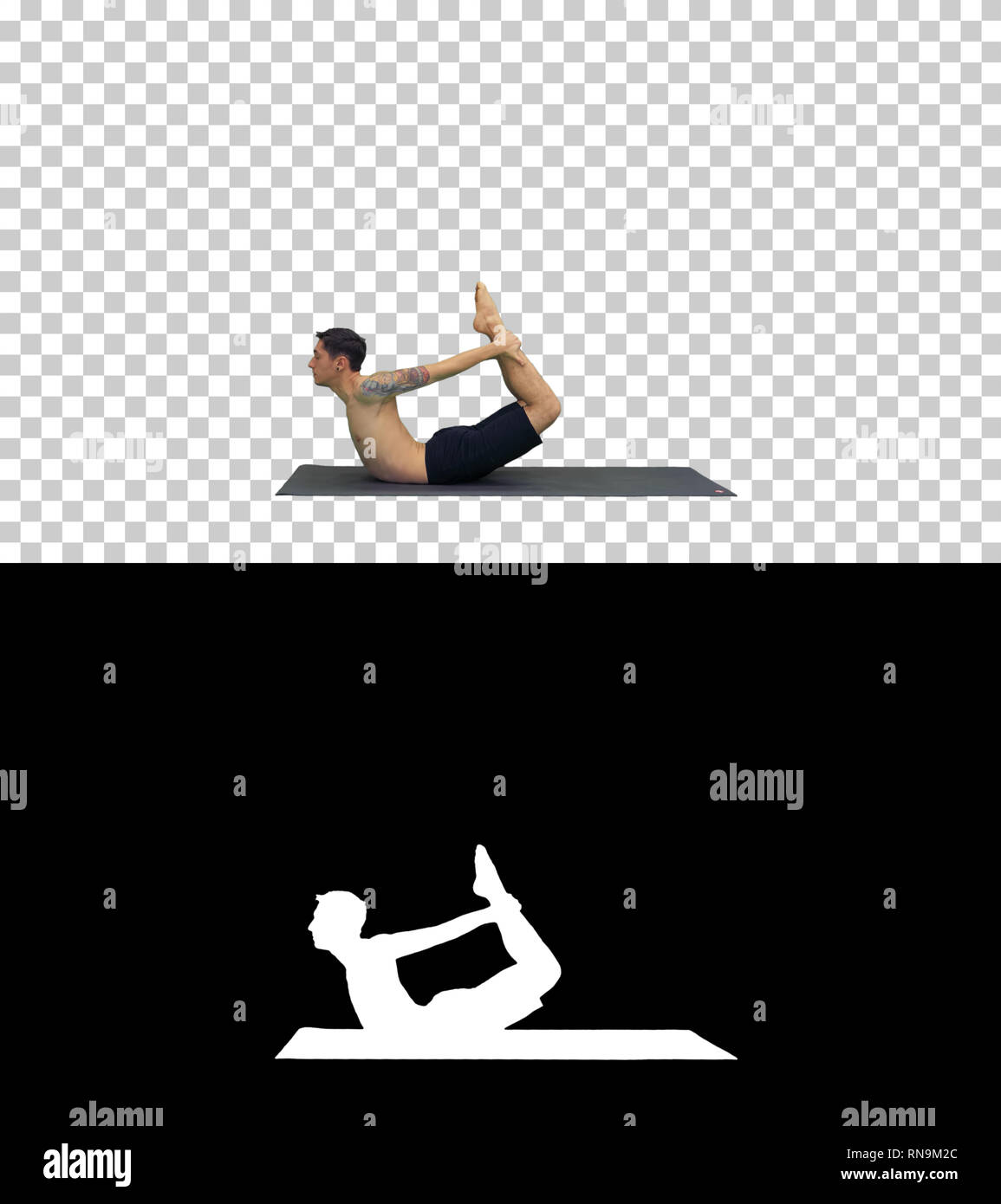 Sporty muscular young yogi man doing backbend exercise, dhanurasana ...