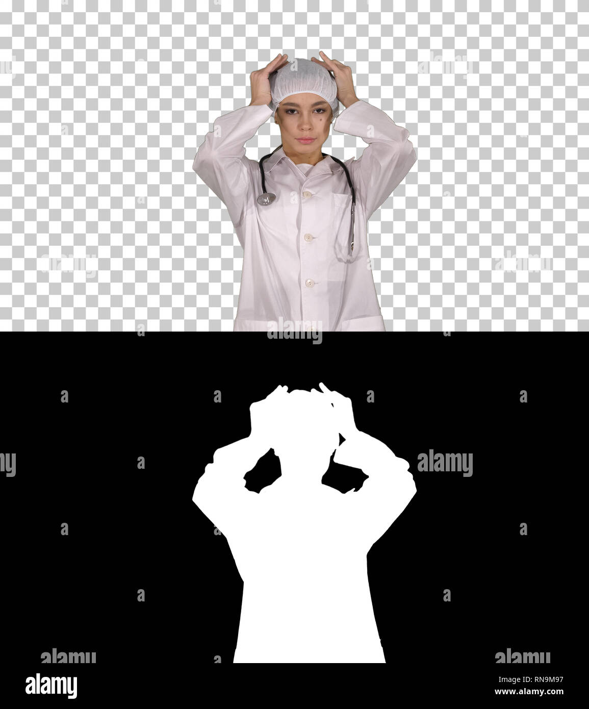 Medical doctor with stethoscope putting medical hat or cap on, Alpha ...