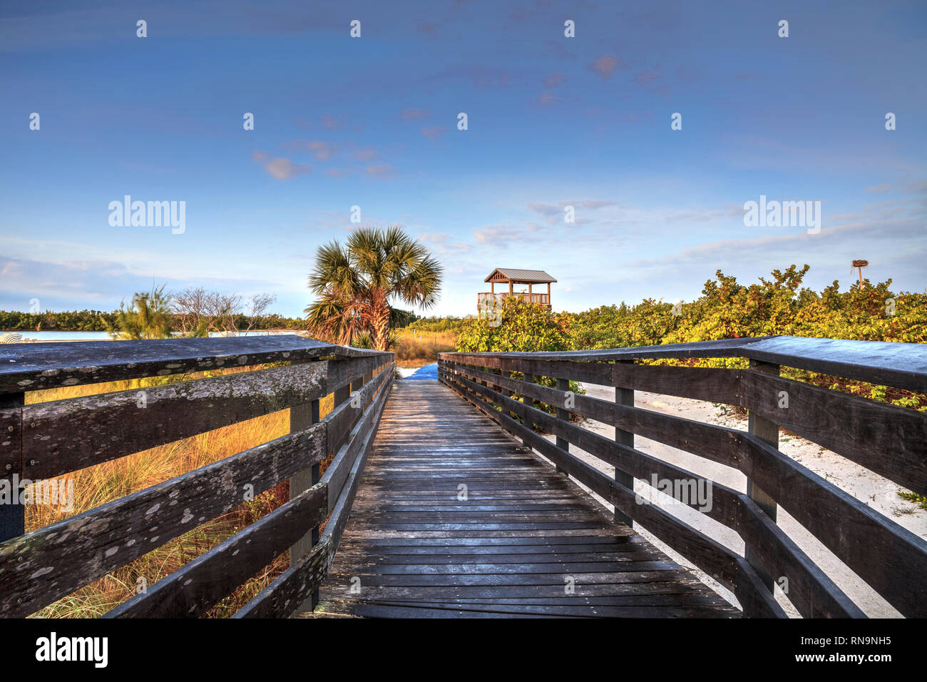 Bird observation tower at the end of a boardwalk at sunrise on ...