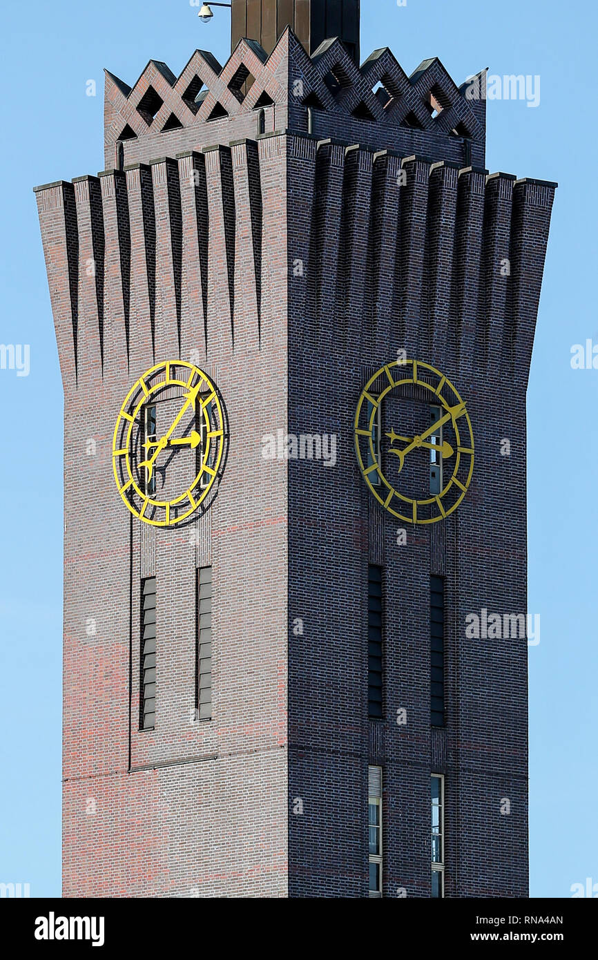 08 February 2019, Saxony, Chemnitz: The striking clock tower stands on ...