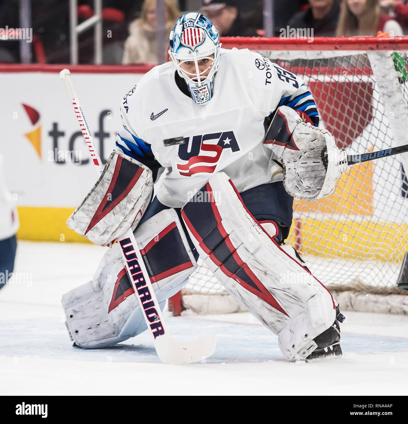 Detroit, Michigan, USA. 17th Feb, 2019. USA Goalie ALEX RIGSBY #33 ...