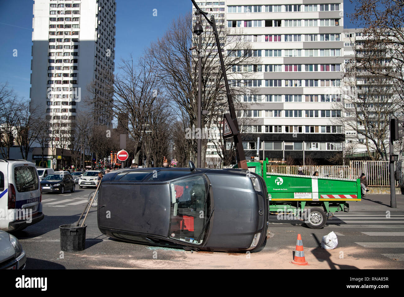 Paris, France. 17th Feb, 2019. Accident scene with 1 damaged car and ...