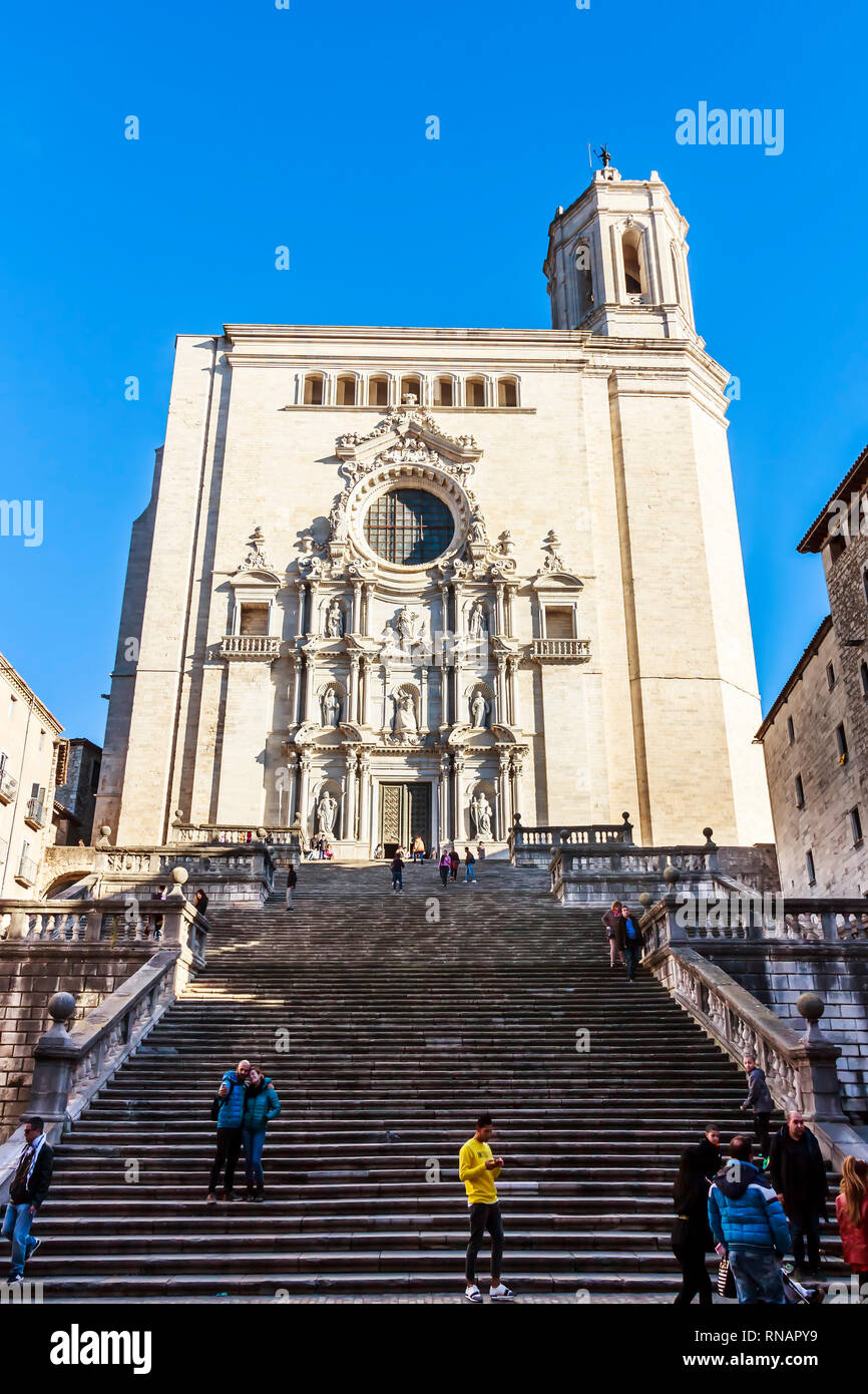 Girona, Spain - Dec 2018: Facade of Girona Cathedral, also known as the ...