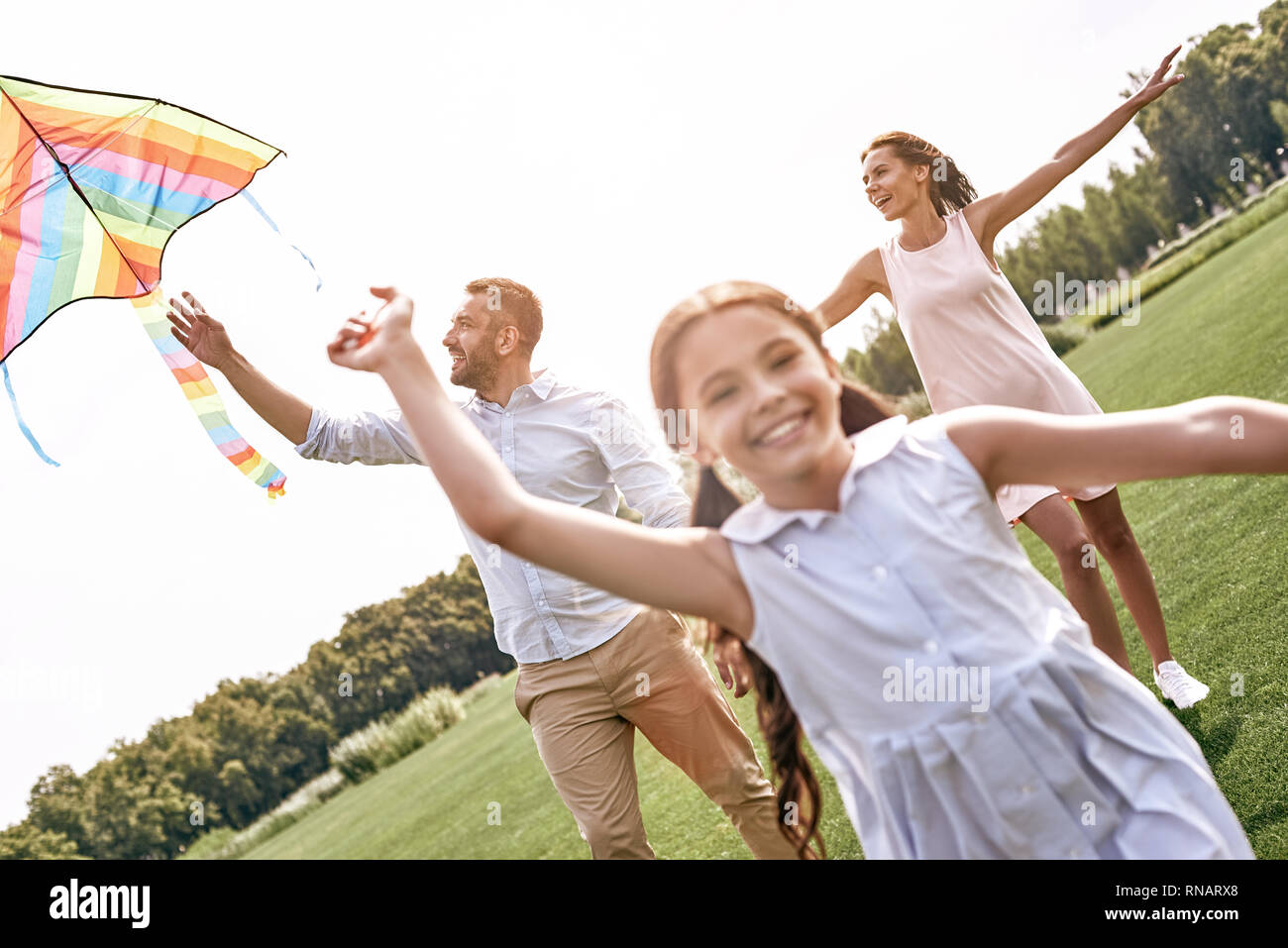Weekend activities. Family with a kite walking on field in nature ...