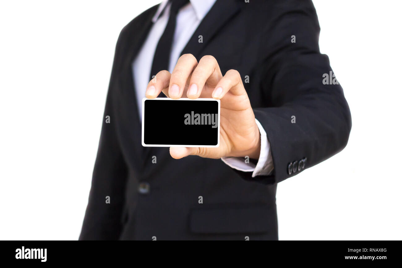 businessman showing empty card black screen on white background Stock ...