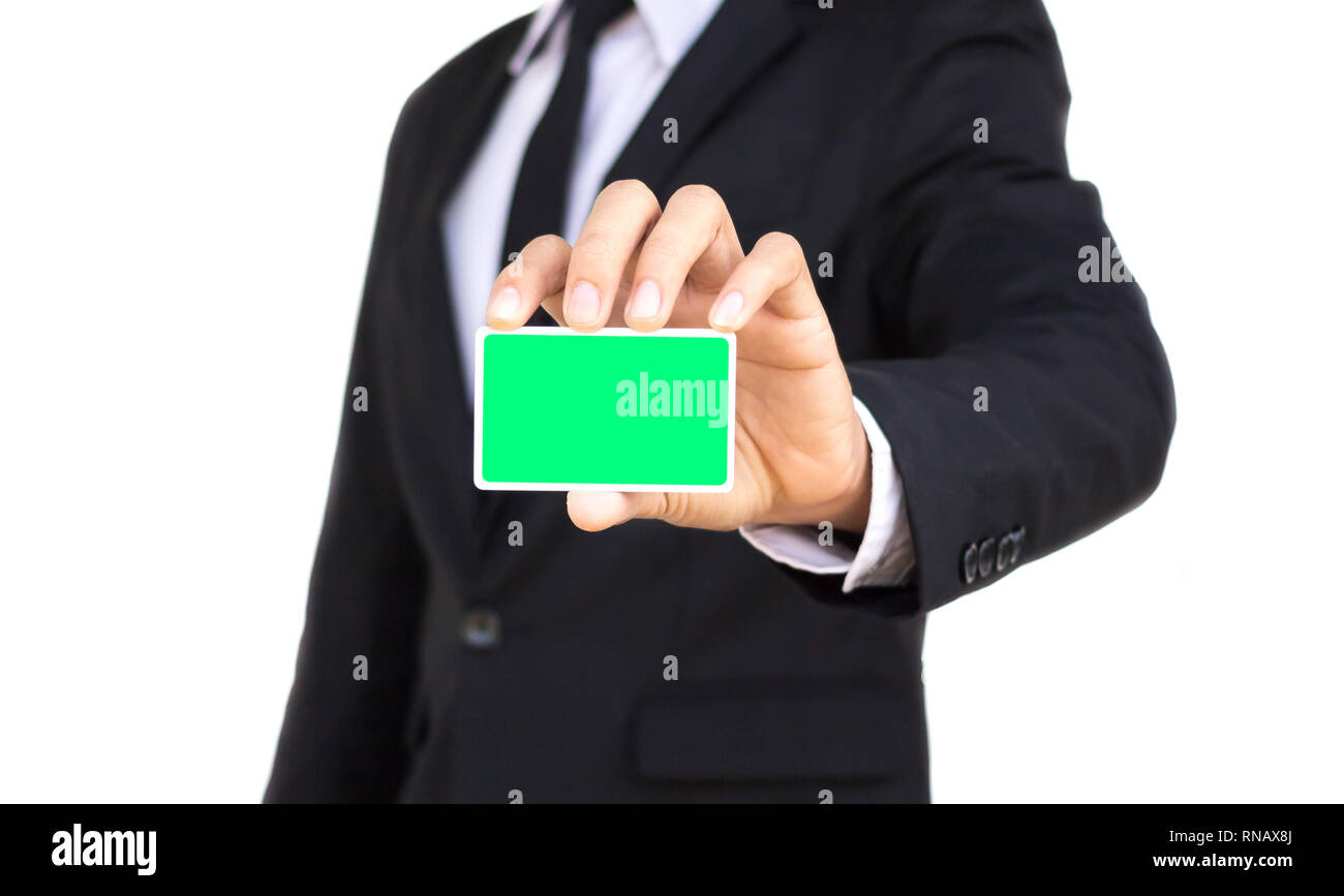 businessman showing empty card green screen on white background Stock ...