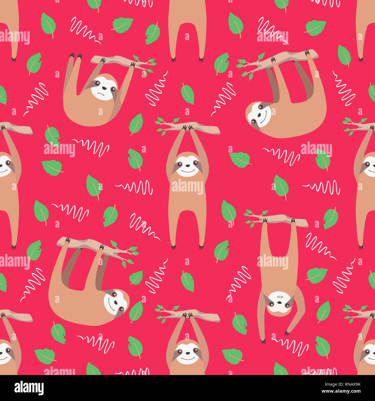 Seamless pattern with cute hanging cartoon sloths on bright pink ...