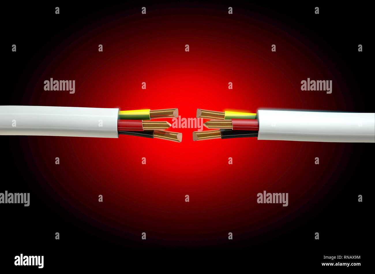 Two opposing regular three core insulated electrical cable with the ...