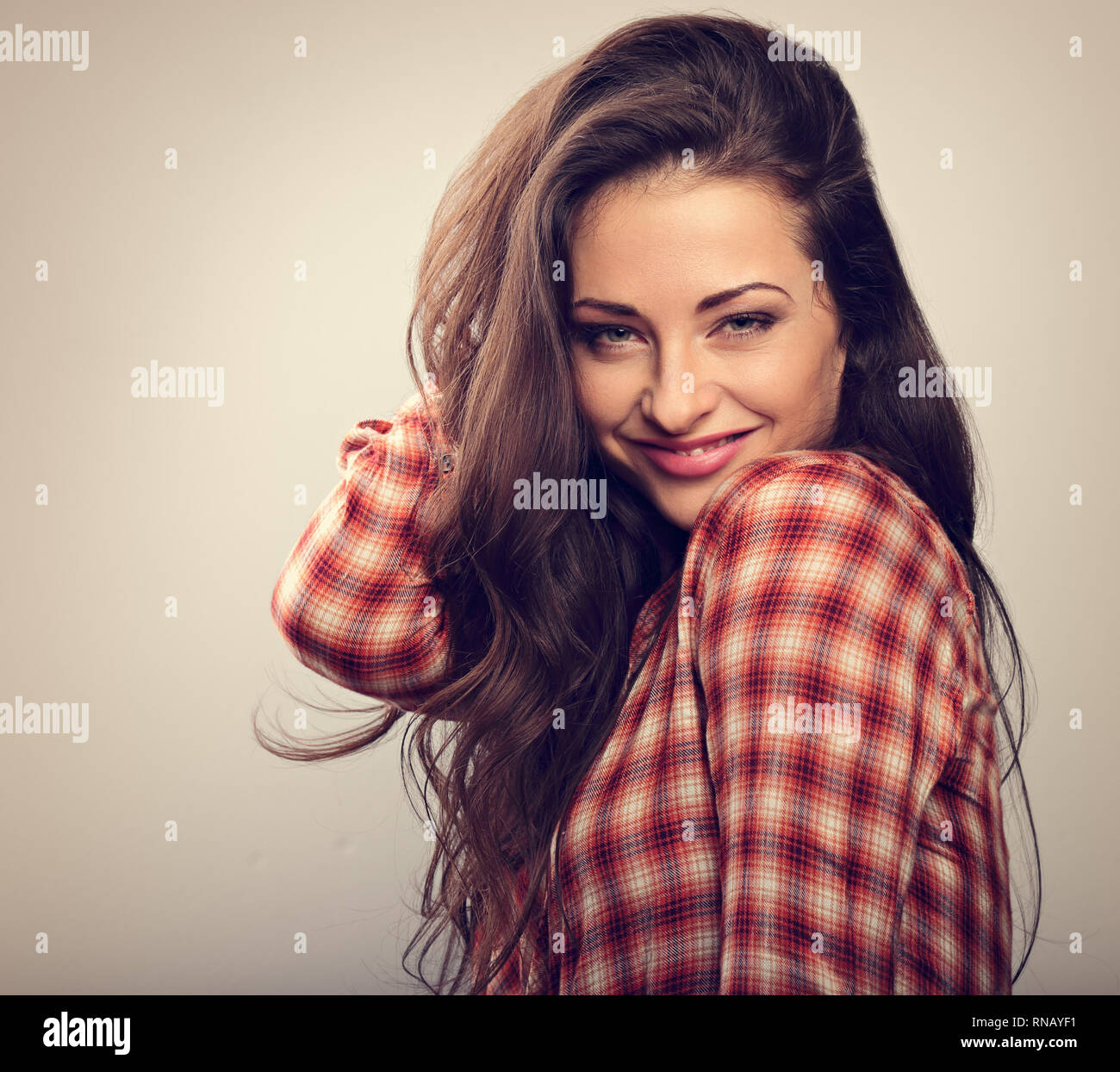 Beautiful natural makeup toothy smiling woman with long hair style ... Beautiful natural makeup toothy smiling woman with long hair style ...