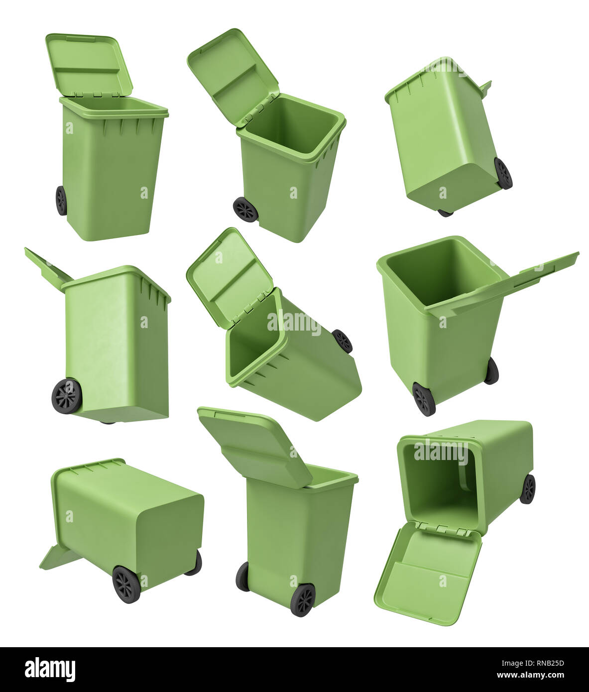 3d rendering of a set of nine light-green trash cans isolated on white ...