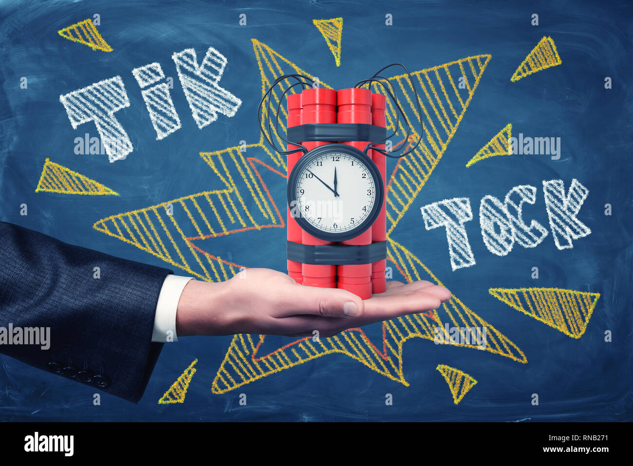 Man's hand facing up holding dynamite bundle with time bomb on ...