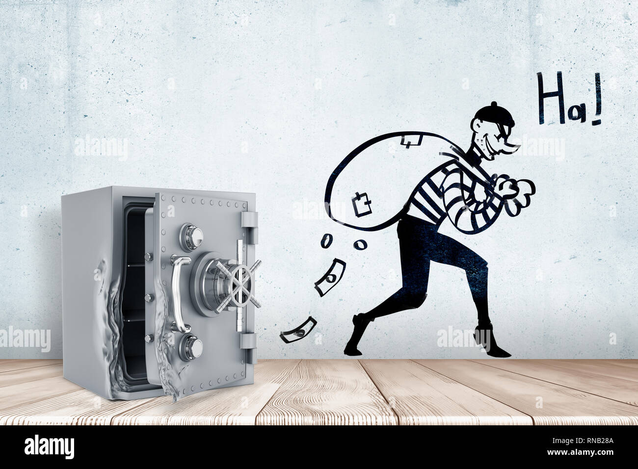 3d rendering of broken open safe vault on white wooden floor and ...