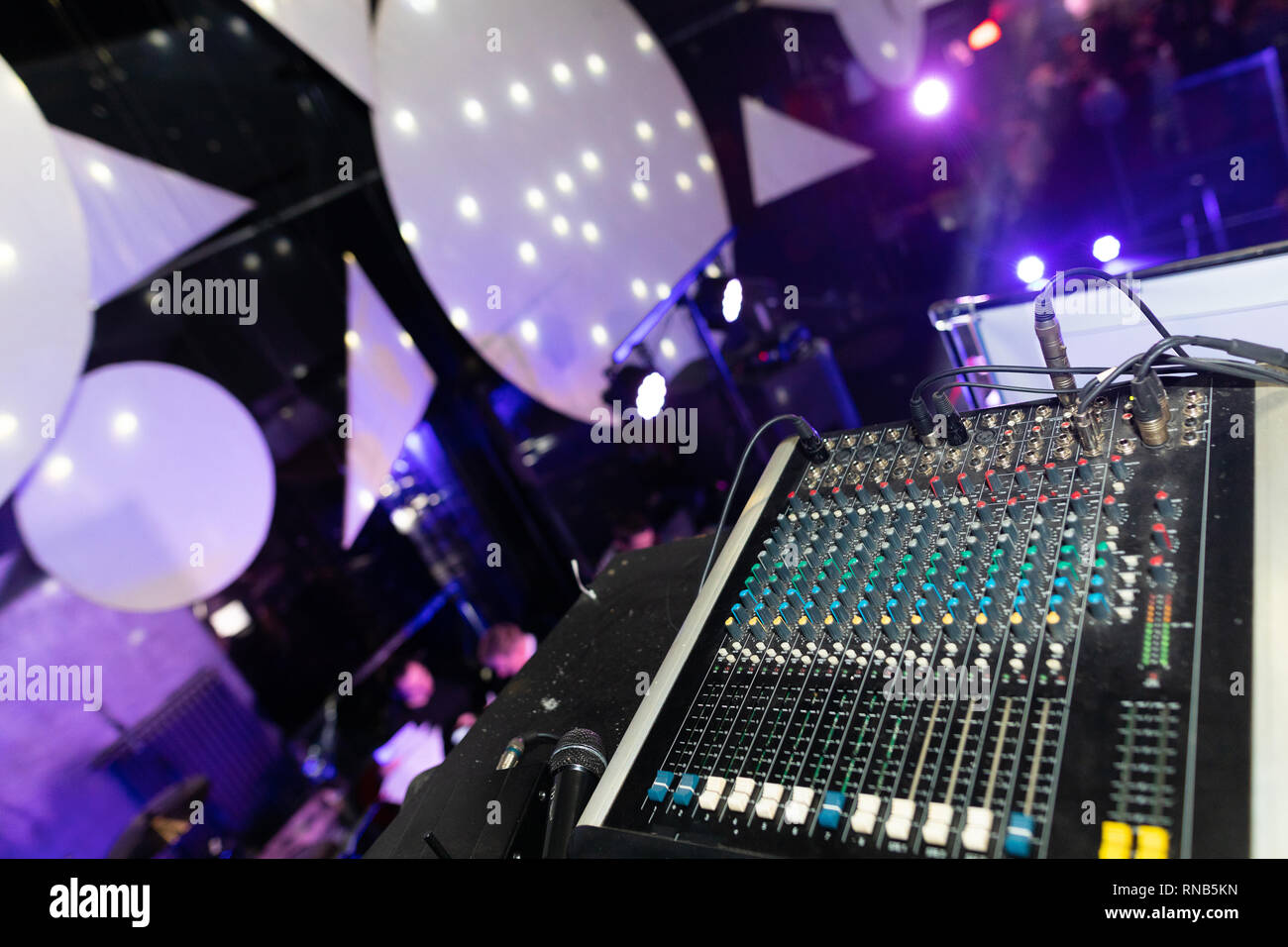Musical equipment in the light club lights. Closeup On Piano, Keyboard ...