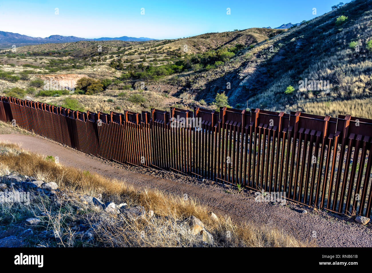 US border fence on Mexico boundary, bollard style pedestrian barrier ...