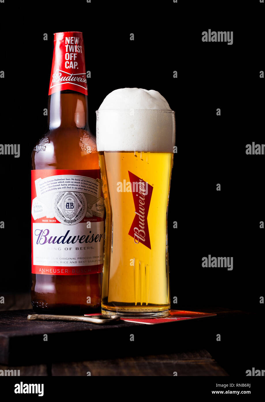 LONDON, UK - FEBRUARY 06, 2019: Glass bottle of Budweiser Beer on ...
