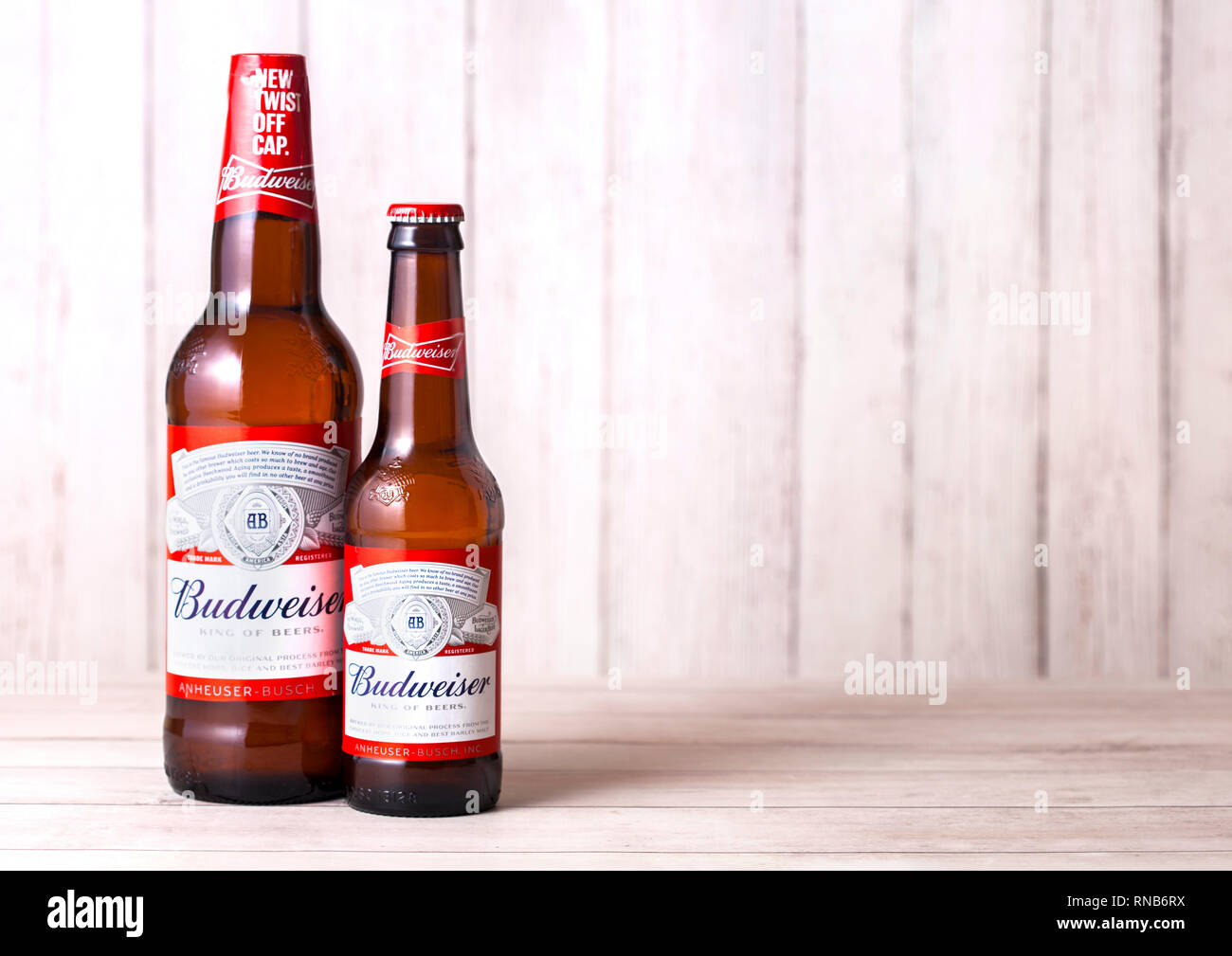 LONDON, UK - FEBRUARY 06, 2019: Glass bottles of Budweiser Beer on ...