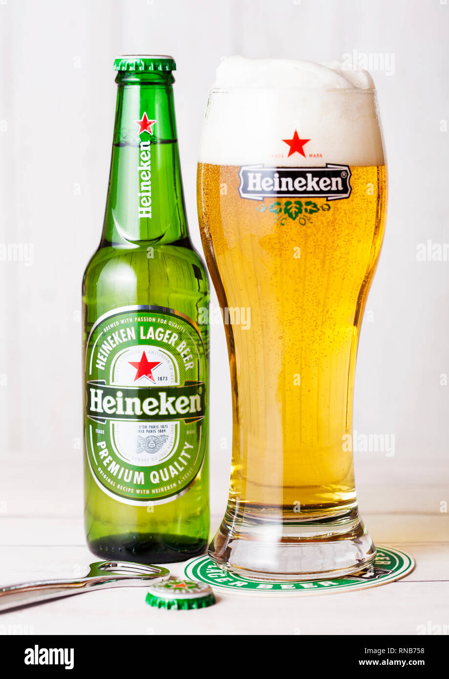 LONDON, UK - FEBRUARY 06, 2019: Bottle of Heineken Lager Beer on wooden ...
