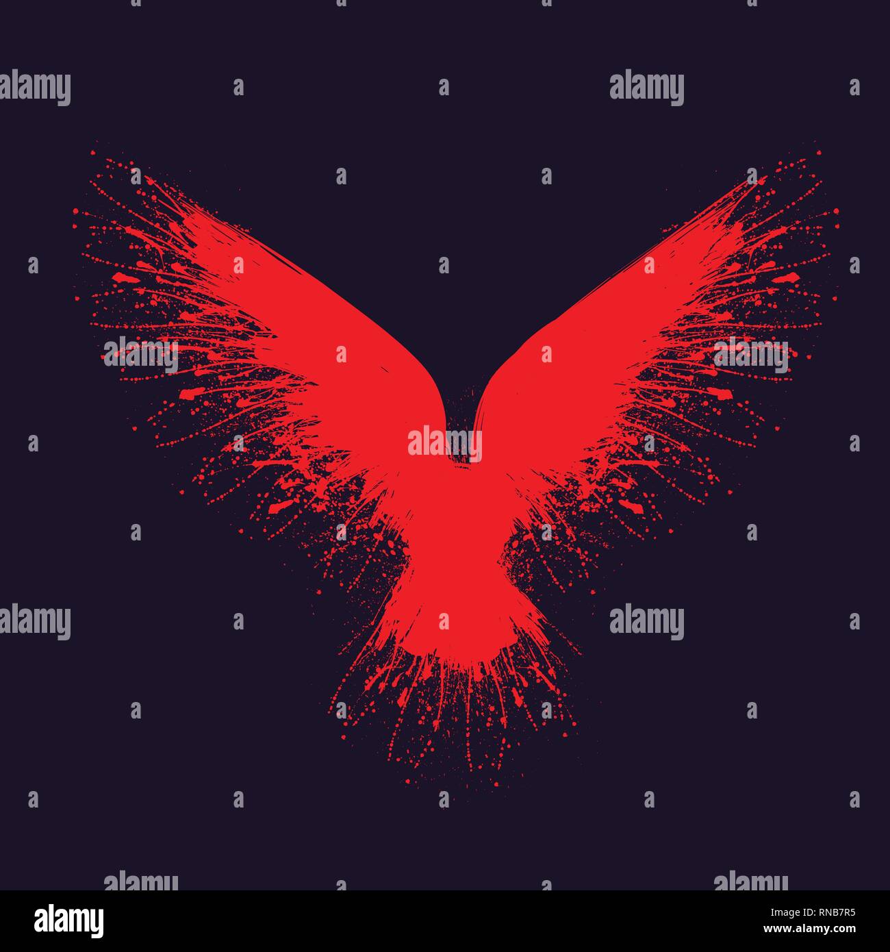 Red grunge bird silhouette with ink splash isolated on dark background ...