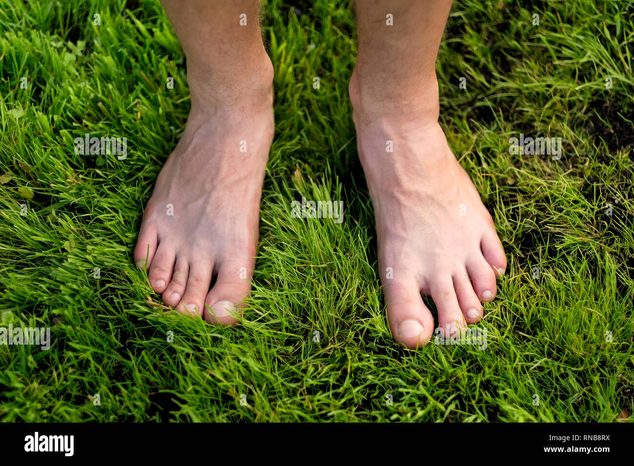 European man foot over green grass. Top view Stock Photo - Alamy