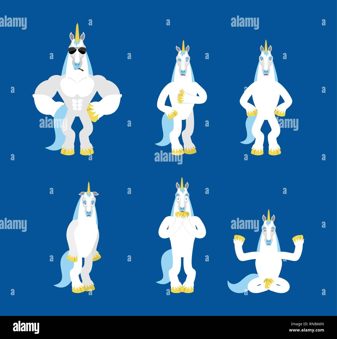 Unicorn set poses. Magic horse happy and yoga. Fairy Beast sleeping and ...